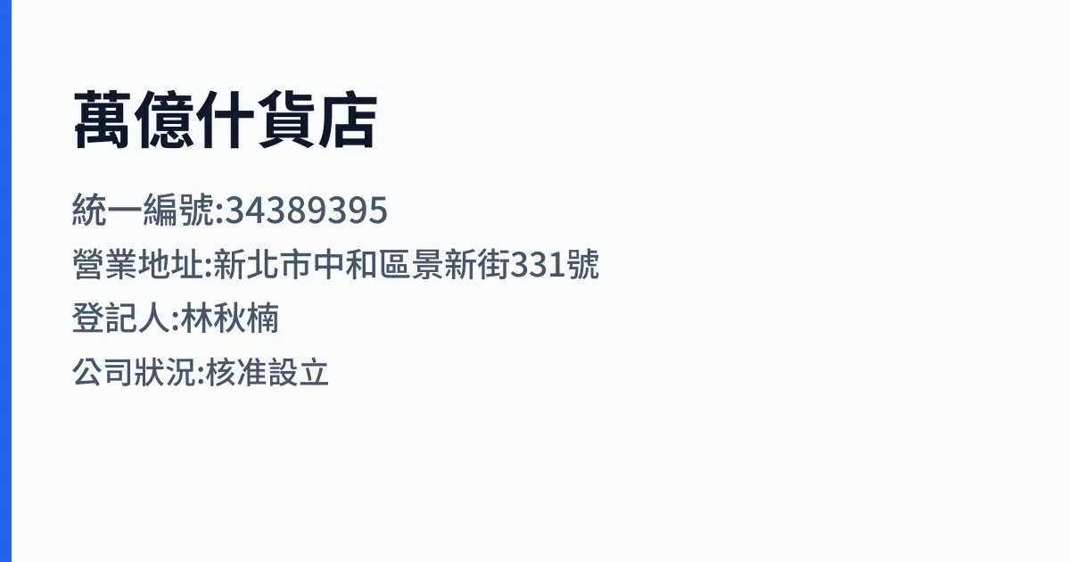 萬億什貨店 - 統編 34389395(新北市) 公司登記資料與營業項目詳細圖表