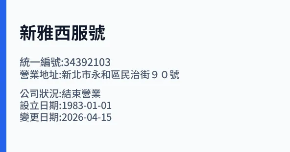 新雅西服號的照片-統編 34392103(新北市) 公司登記資料與營業項目詳細圖表