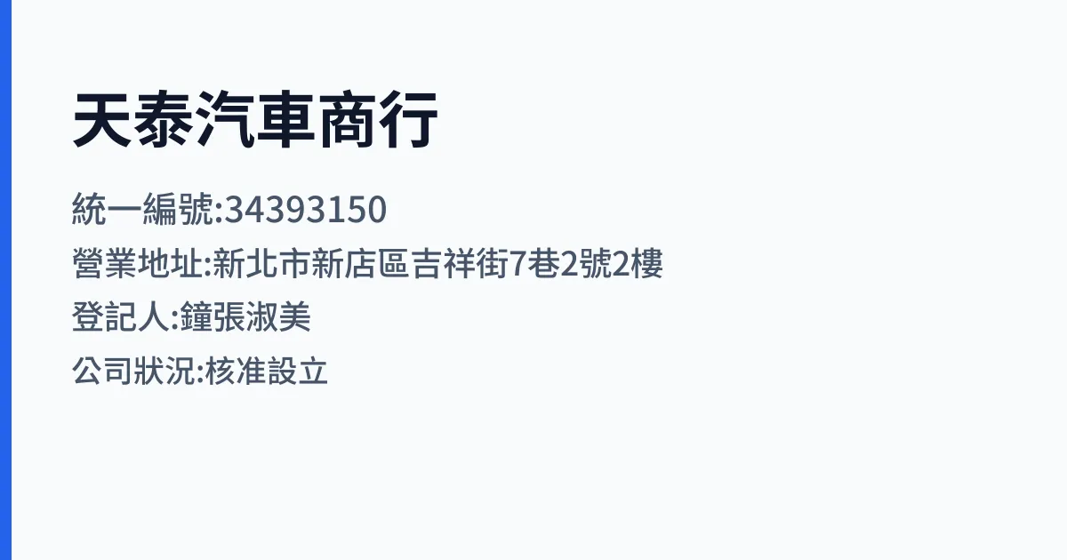 天泰汽車商行 - 統編 34393150(新北市) 公司登記資料與營業項目詳細圖表