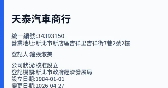 天泰汽車商行的照片-統編 34393150(新北市) 公司登記資料與營業項目詳細圖表