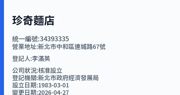 珍奇麵店的照片-統編 34393335(新北市) 公司登記資料與營業項目詳細圖表