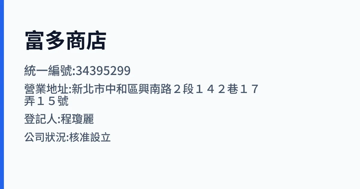 富多商店 - 統編 34395299(新北市) 公司登記資料與營業項目詳細圖表