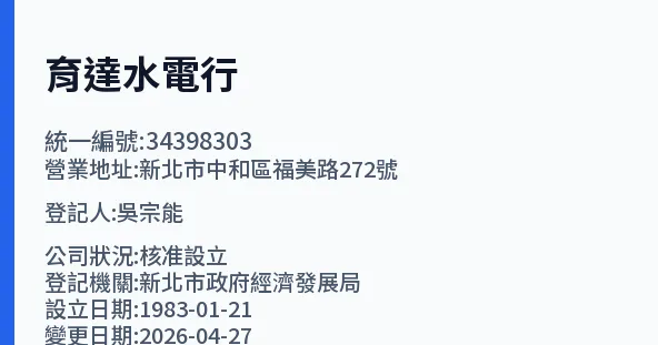 育達水電行的照片-統編 34398303(新北市) 公司登記資料與營業項目詳細圖表