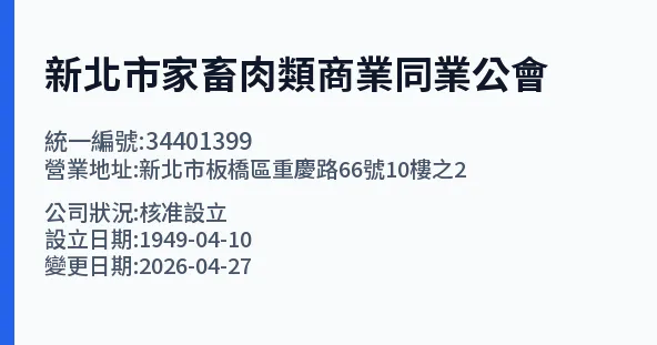 新北市家畜肉類商業同業公會的照片-統編 34401399(新北市) 公司登記資料與營業項目詳細圖表