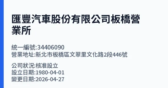 匯豐汽車股份有限公司板橋營業所的照片-統編 34406090(新北市) 公司登記資料與營業項目詳細圖表