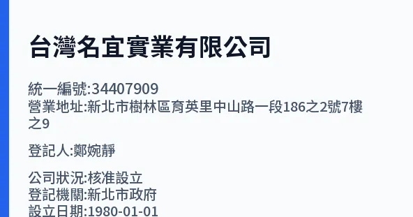 台灣名宜實業有限公司的照片-統編 34407909(新北市) 公司登記資料與營業項目詳細圖表