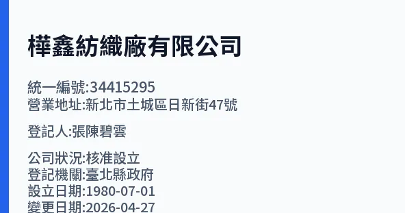 樺鑫紡織廠有限公司的照片-統編 34415295(新北市) 公司登記資料與營業項目詳細圖表