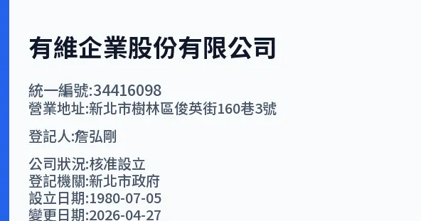 有維企業股份有限公司的照片-統編 34416098(新北市) 公司登記資料與營業項目詳細圖表