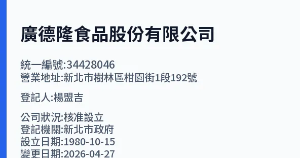 廣德隆食品股份有限公司的照片-統編 34428046(新北市) 公司登記資料與營業項目詳細圖表