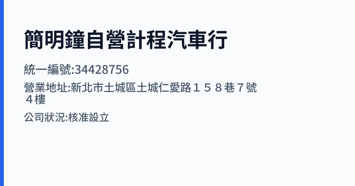 簡明鐘自營計程汽車行 - 統編 34428756(新北市) 公司登記資料與營業項目詳細圖表