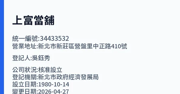 上富當舖的照片-統編 34433532(新北市) 公司登記資料與營業項目詳細圖表