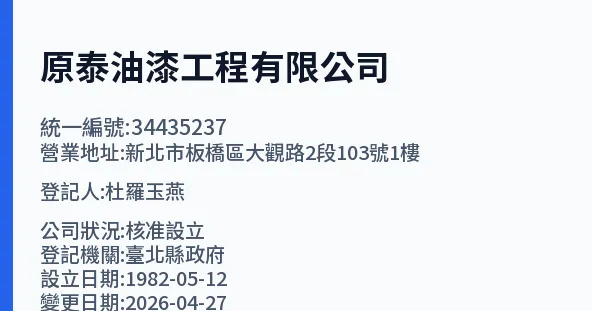原泰油漆工程有限公司的照片-統編 34435237(新北市) 公司登記資料與營業項目詳細圖表