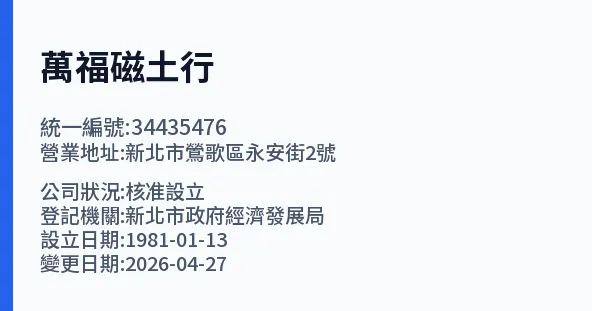 萬福磁土行的照片-統編 34435476(新北市) 公司登記資料與營業項目詳細圖表