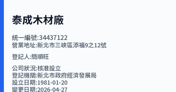 泰成木材廠的照片-統編 34437122(新北市) 公司登記資料與營業項目詳細圖表