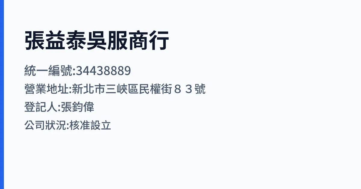 張益泰吳服商行 - 統編 34438889(新北市) 公司登記資料與營業項目詳細圖表