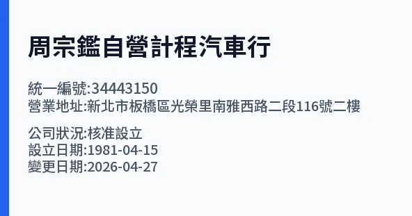 周宗鑑自營計程汽車行的照片-統編 34443150(新北市) 公司登記資料與營業項目詳細圖表