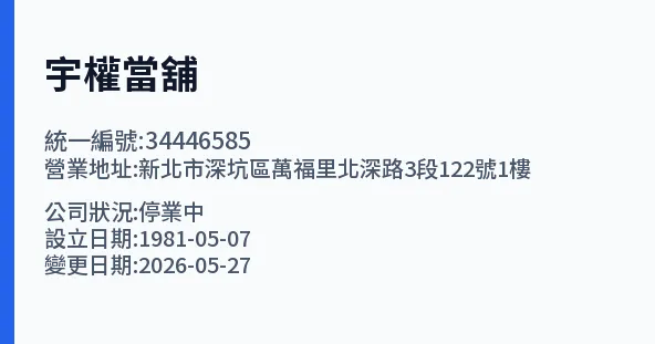 宇權當舖的照片-統編 34446585(新北市) 公司登記資料與營業項目詳細圖表