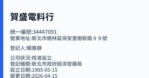 賀盛電料行的照片-統編 34447091(新北市) 公司登記資料與營業項目詳細圖表
