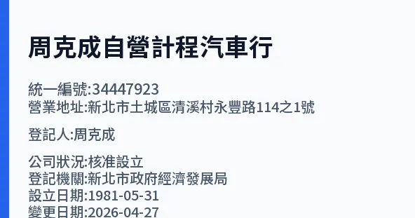 周克成自營計程汽車行的照片-統編 34447923(新北市) 公司登記資料與營業項目詳細圖表