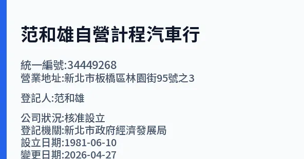 范和雄自營計程汽車行的照片-統編 34449268(新北市) 公司登記資料與營業項目詳細圖表