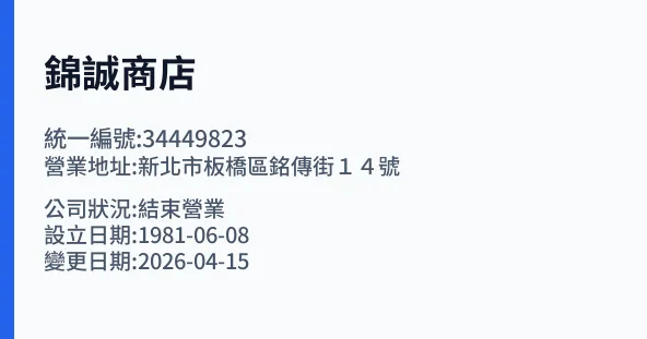 錦誠商店的照片-統編 34449823(新北市) 公司登記資料與營業項目詳細圖表
