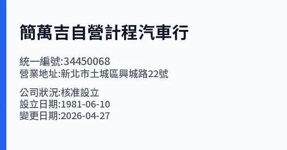 簡萬吉自營計程汽車行的照片-統編 34450068(新北市) 公司登記資料與營業項目詳細圖表