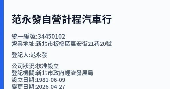 范永發自營計程汽車行的照片-統編 34450102(新北市) 公司登記資料與營業項目詳細圖表