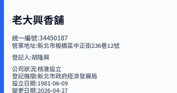 老大興香舖的照片-統編 34450187(新北市) 公司登記資料與營業項目詳細圖表