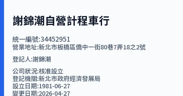 謝錦潮自營計程車行的照片-統編 34452951(新北市) 公司登記資料與營業項目詳細圖表