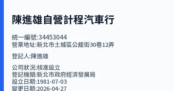 陳進雄自營計程汽車行的照片-統編 34453044(新北市) 公司登記資料與營業項目詳細圖表