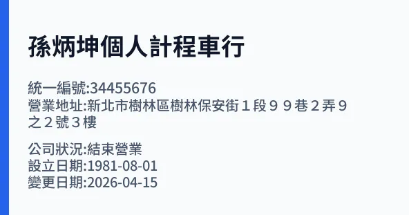 孫炳坤個人計程車行的照片-統編 34455676(新北市) 公司登記資料與營業項目詳細圖表