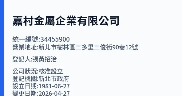 嘉村金屬企業有限公司的照片-統編 34455900(新北市) 公司登記資料與營業項目詳細圖表