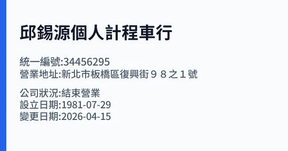 邱錫源個人計程車行的照片-統編 34456295(新北市) 公司登記資料與營業項目詳細圖表