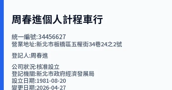 周春進個人計程車行的照片-統編 34456627(新北市) 公司登記資料與營業項目詳細圖表