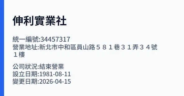 伸利實業社的照片-統編 34457317(新北市) 公司登記資料與營業項目詳細圖表