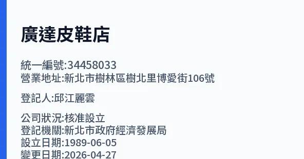 廣達皮鞋店的照片-統編 34458033(新北市) 公司登記資料與營業項目詳細圖表