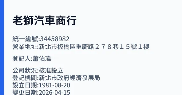 老獅汽車商行的照片-統編 34458982(新北市) 公司登記資料與營業項目詳細圖表