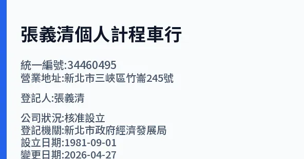 張義清個人計程車行的照片-統編 34460495(新北市) 公司登記資料與營業項目詳細圖表