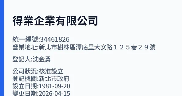 得業企業有限公司的照片-統編 34461826(新北市) 公司登記資料與營業項目詳細圖表