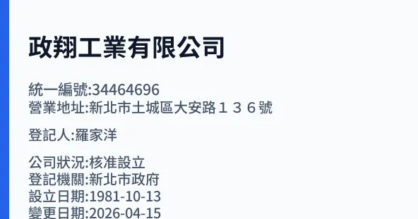 政翔工業有限公司的照片-統編 34464696(新北市) 公司登記資料與營業項目詳細圖表