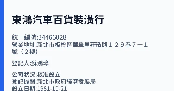 東鴻汽車百貨裝潢行的照片-統編 34466028(新北市) 公司登記資料與營業項目詳細圖表