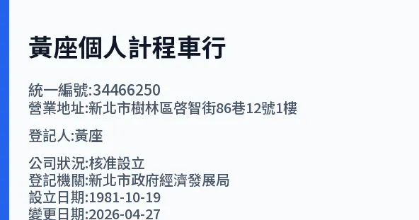 黃座個人計程車行的照片-統編 34466250(新北市) 公司登記資料與營業項目詳細圖表