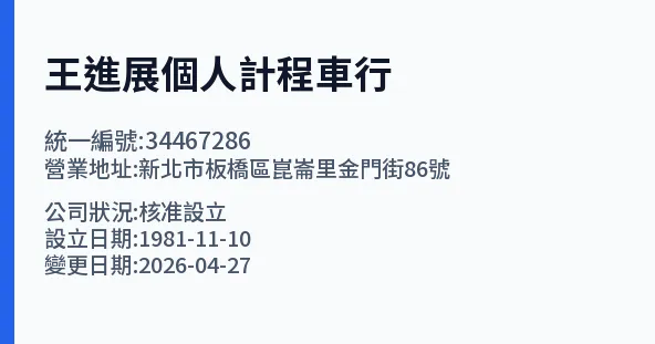 王進展個人計程車行的照片-統編 34467286(新北市) 公司登記資料與營業項目詳細圖表