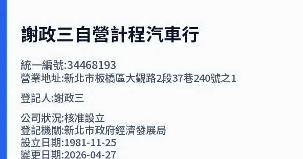謝政三自營計程汽車行的照片-統編 34468193(新北市) 公司登記資料與營業項目詳細圖表