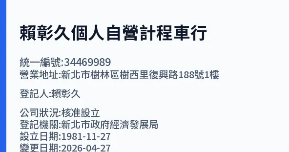 賴彰久個人自營計程車行的照片-統編 34469989(新北市) 公司登記資料與營業項目詳細圖表
