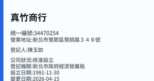 真竹商行的照片-統編 34470254(新北市) 公司登記資料與營業項目詳細圖表