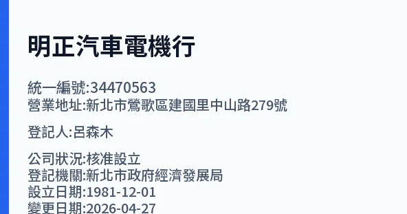 明正汽車電機行的照片-統編 34470563(新北市) 公司登記資料與營業項目詳細圖表