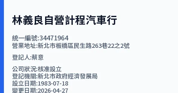 林義良自營計程汽車行的照片-統編 34471964(新北市) 公司登記資料與營業項目詳細圖表
