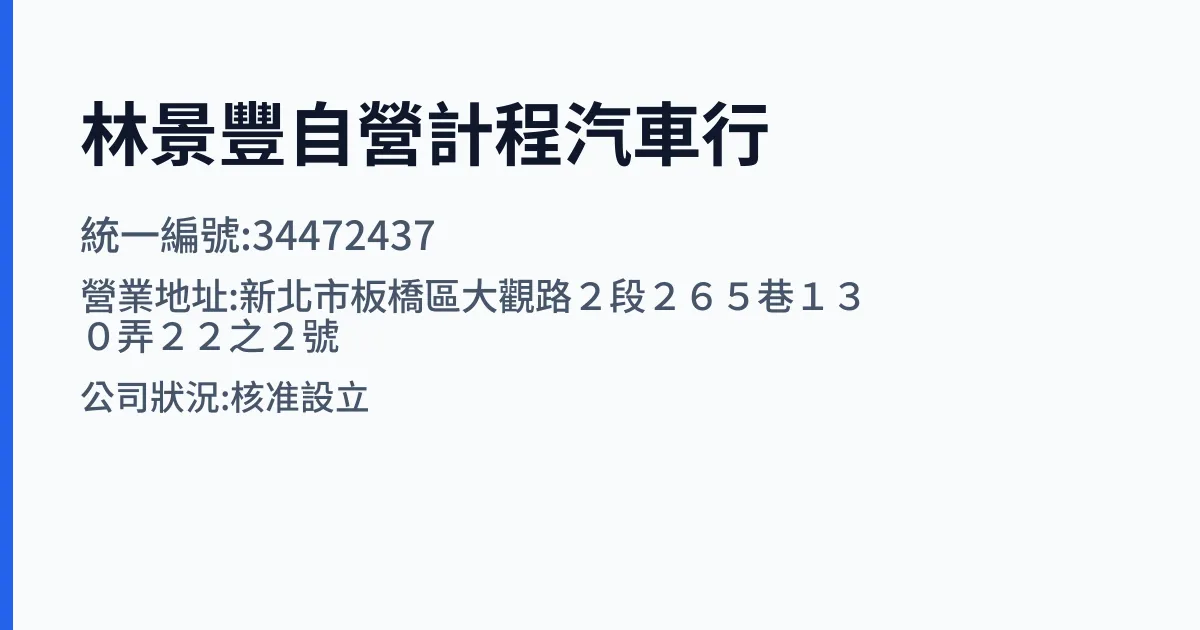 林景豐自營計程汽車行 - 統編 34472437(新北市) 公司登記資料與營業項目詳細圖表