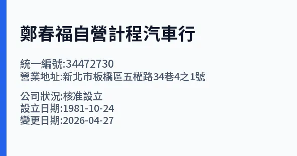 鄭春福自營計程汽車行的照片-統編 34472730(新北市) 公司登記資料與營業項目詳細圖表